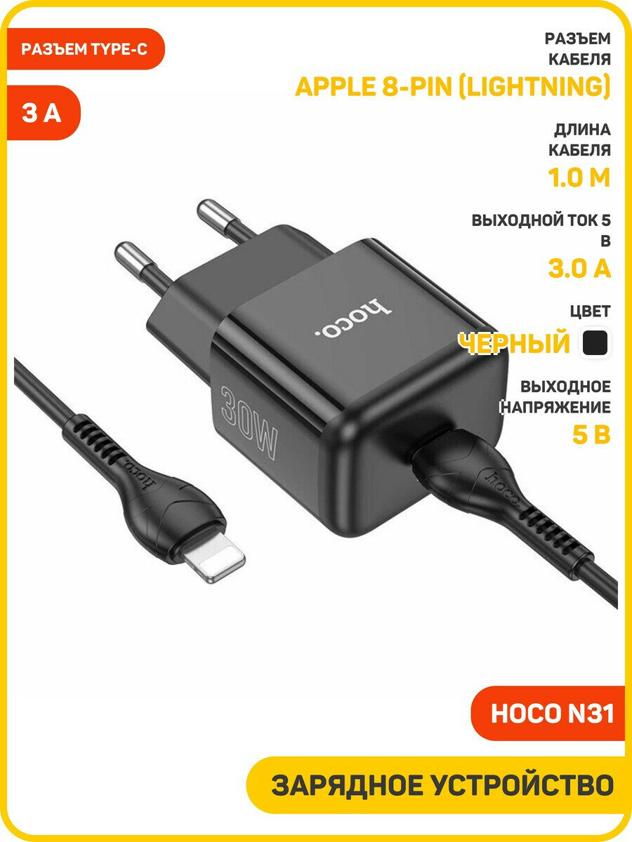 Сетевое зарядное устройство (СЗУ) Hoco N31 (Type-C PD) + кабель Type-C-Lightning, 3 А, черный