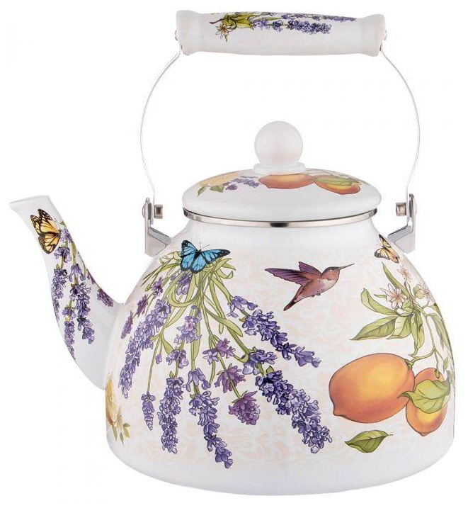 Чайник для плиты Agness / Агнэсс Прованс лимоны из эмалированной стали белый 4.0л / для кипячения воды / кухонная посуда для всех видов плит