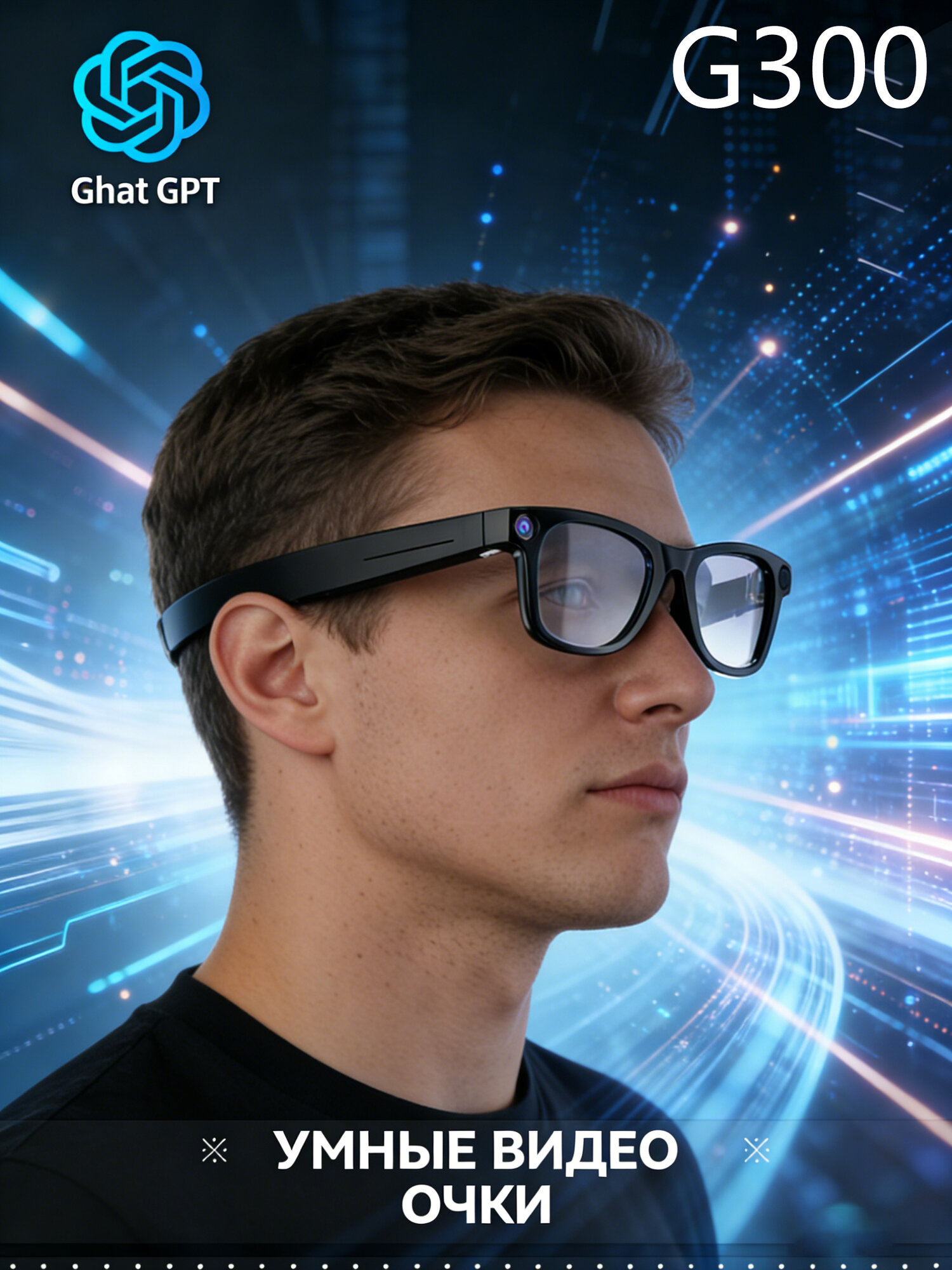 AI Умные очки Black Bluetooth-гарнитура Синхронный перевод Аудио- и видеозапись узнавайте предметы Сменные Очковые линзы