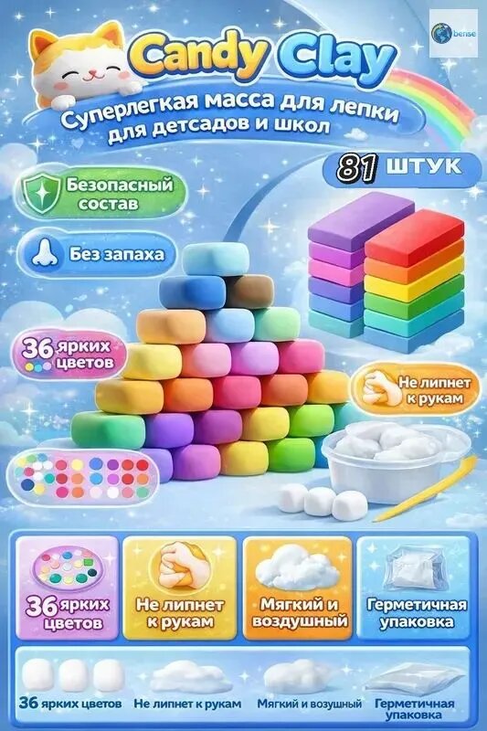Candy Clay набор, глина для лепки самозастывающая 81 шт. 36 ярких цветов для детсадов и школ