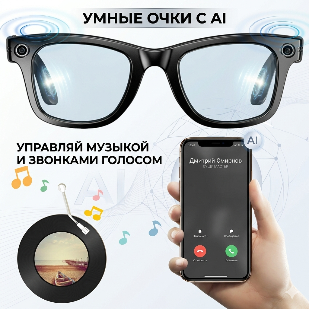 Футуристичный дизайн очки с камерой 800 мп, магнитная зарядка Поставляется с наушниками с костной проводимостью