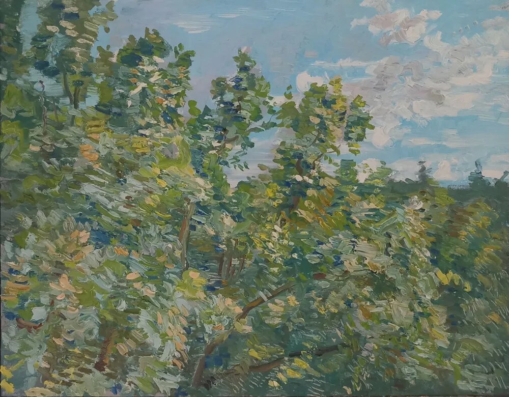 Картина маслом "Кроны дубов, вид из окна", 35х45 см, ручная работа