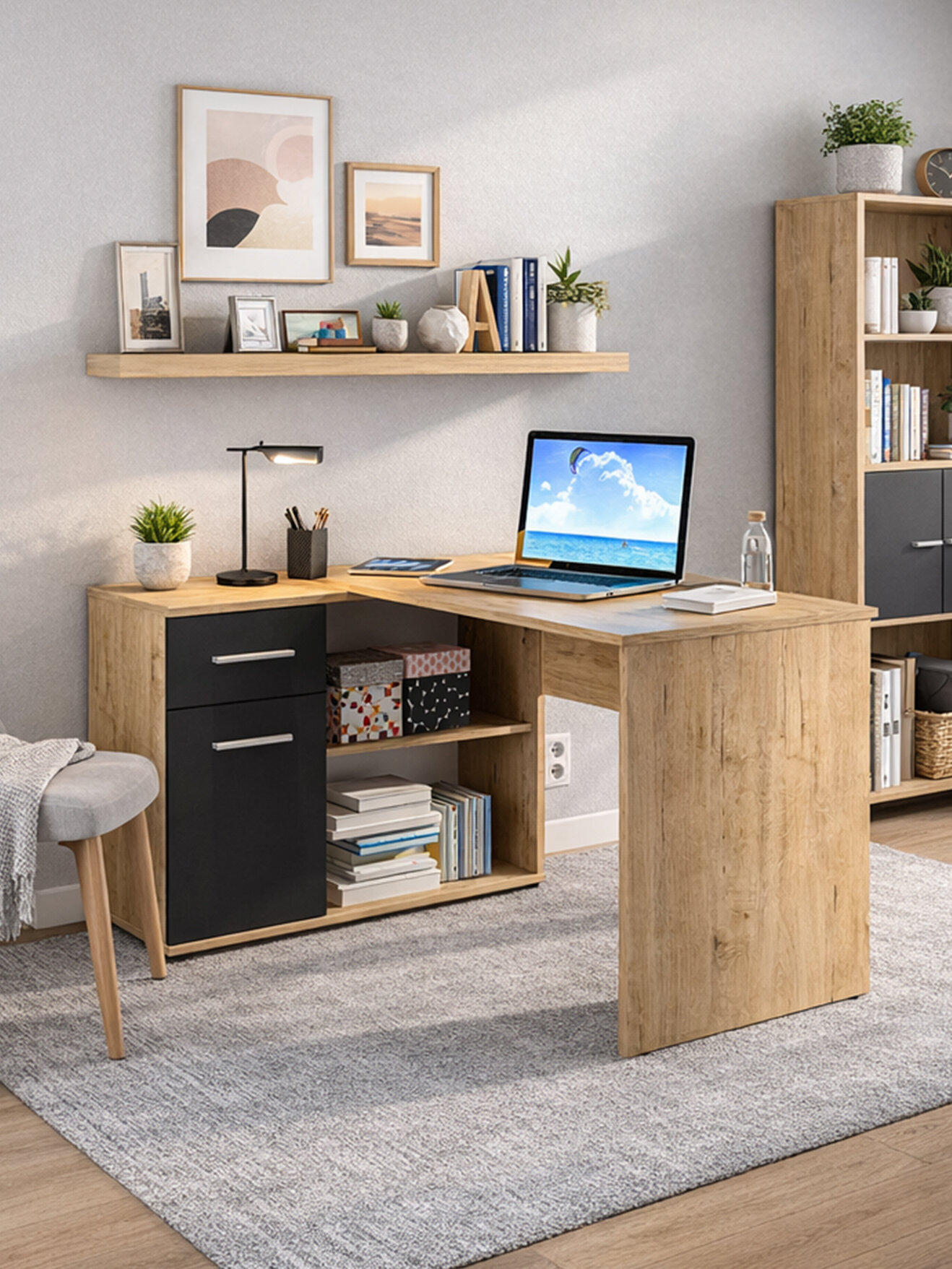 Стол компьютерный, письменный столплит Мамбо СБ-2886 угловой с тумбой, с полкой, со стеллажом, кдсп Дуб Бунратти/Диамант серый, 119*74*91 см