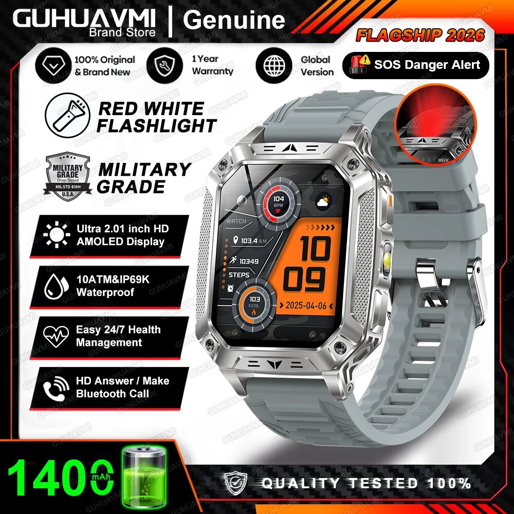 Военные умные часы GUHUAVMI 2026, серый, 1400 мАч