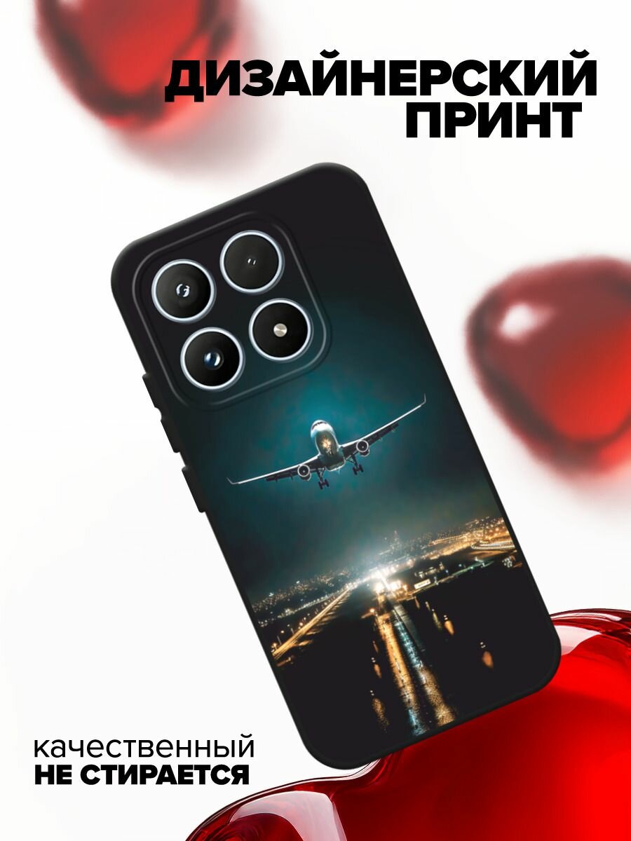 Черный матовый чехол на Xiaomi 17 / Сяоми 17 с принтом Взлет самолета ночью — фото 1