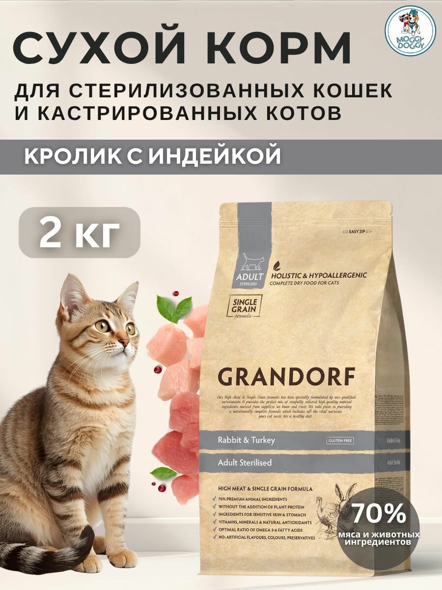 GRANDORF CAT STERILISED Корм для взрослых кошек, кролик с индейкой 2 кг