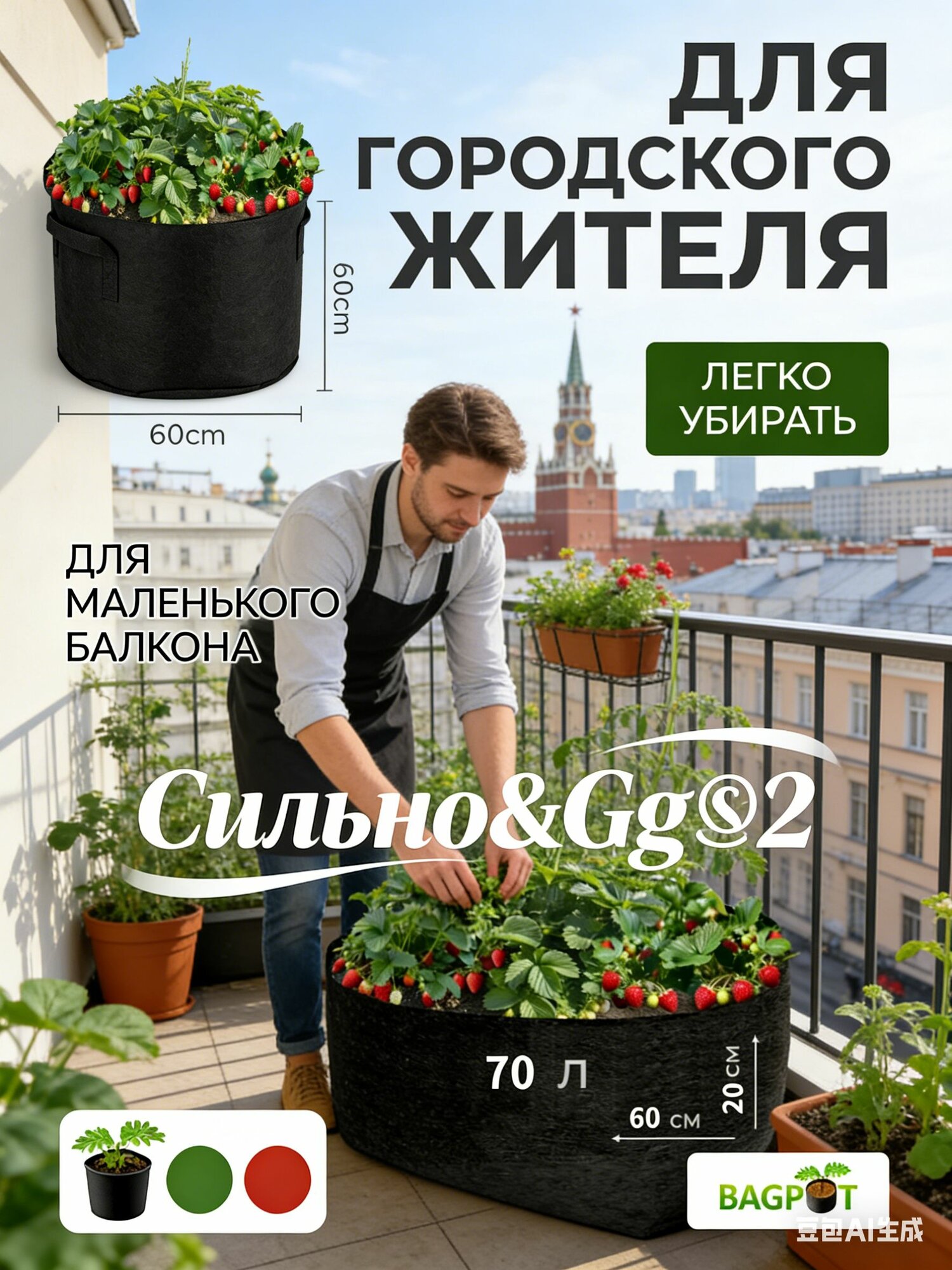 Мешок-грядка; Универсальный текстильный контейнер для садовых работ; 60x20 см, плотность 270 г/м , 1 шт