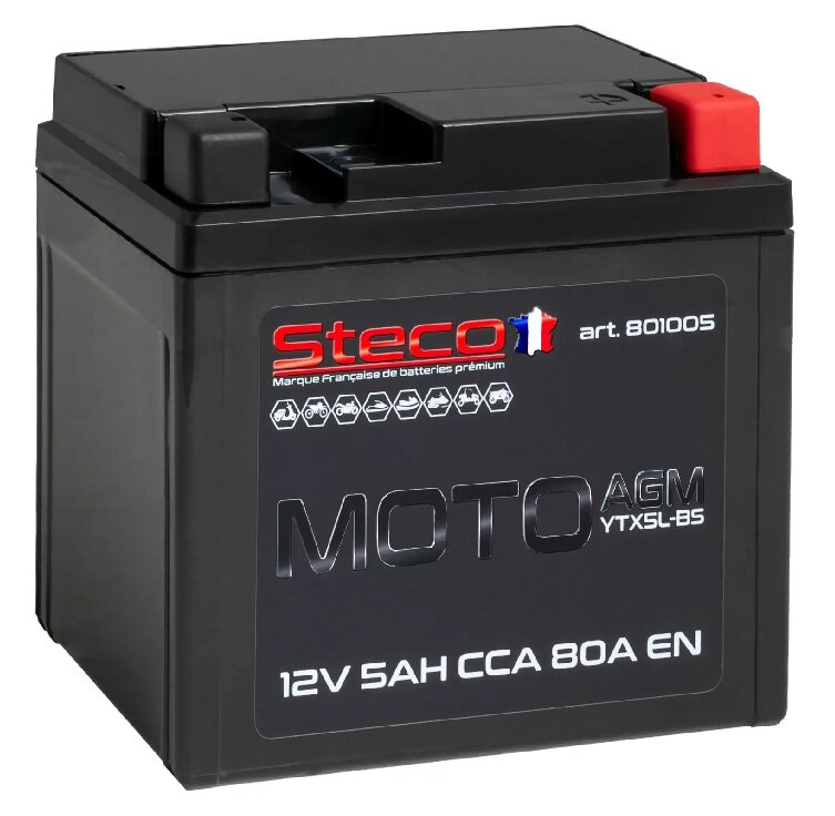 Аккумулятор для мотоцикла и скутера Steco AGM 12V 5 А/ч 80 А обр. пол. залит/заряжен 801005 (113х70х106) YTX5L-BS, YT5L-BS