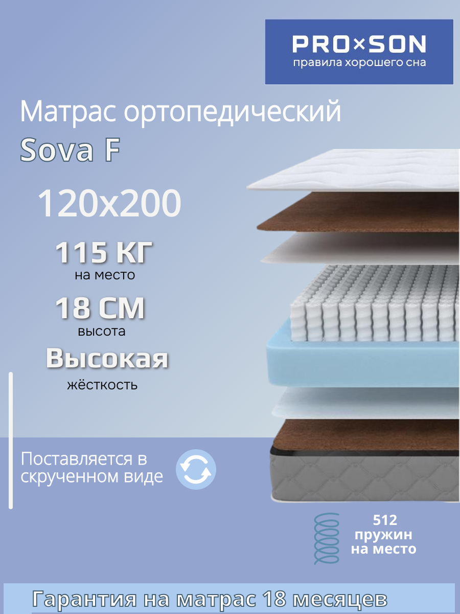 Ортопедический матрас, Анатомический матрас PRO-SON SOVA F, Независимые пружины, 120х200 см