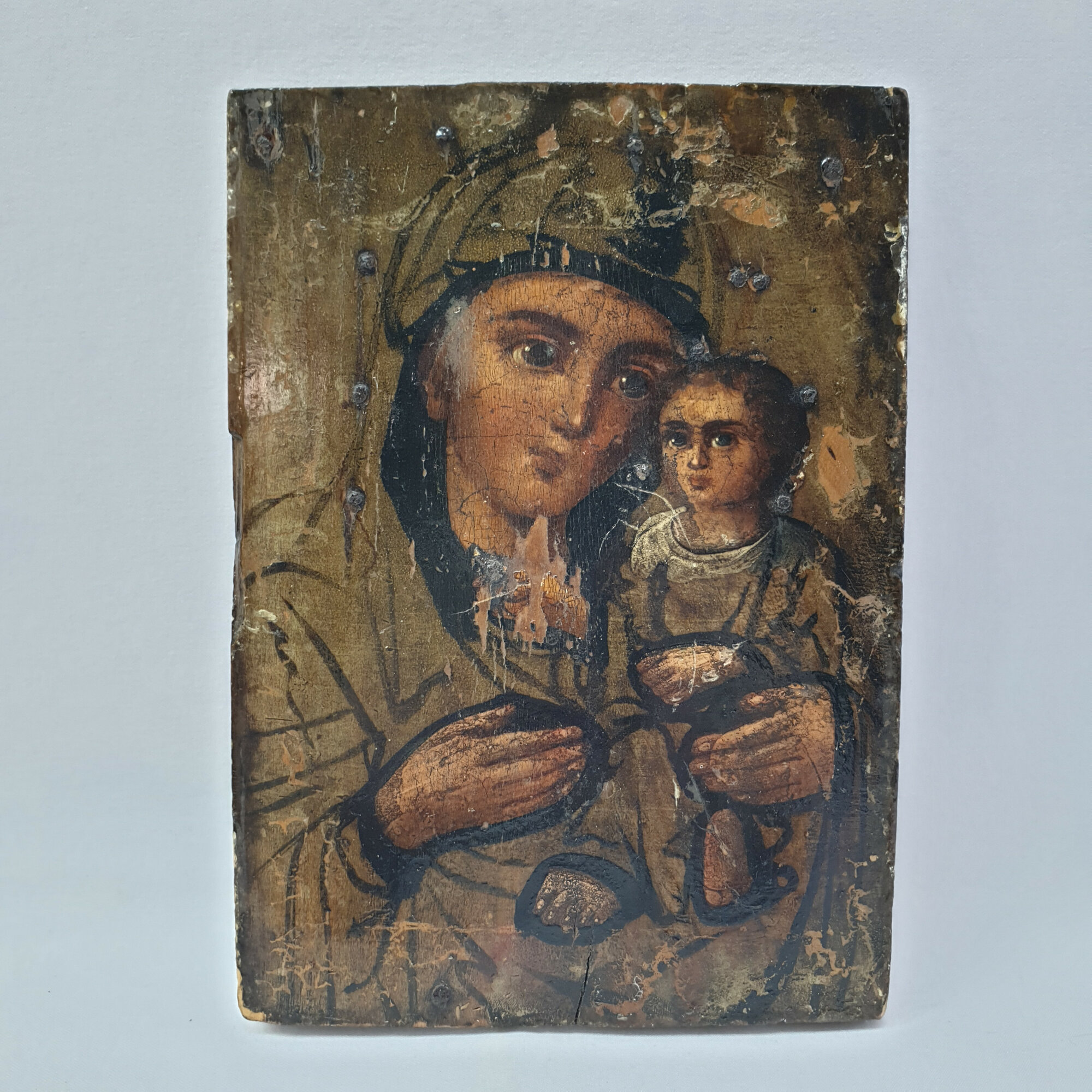 Антикварная икона Божья мать до 1917 года. Ручная работа на доске 13х18 см.