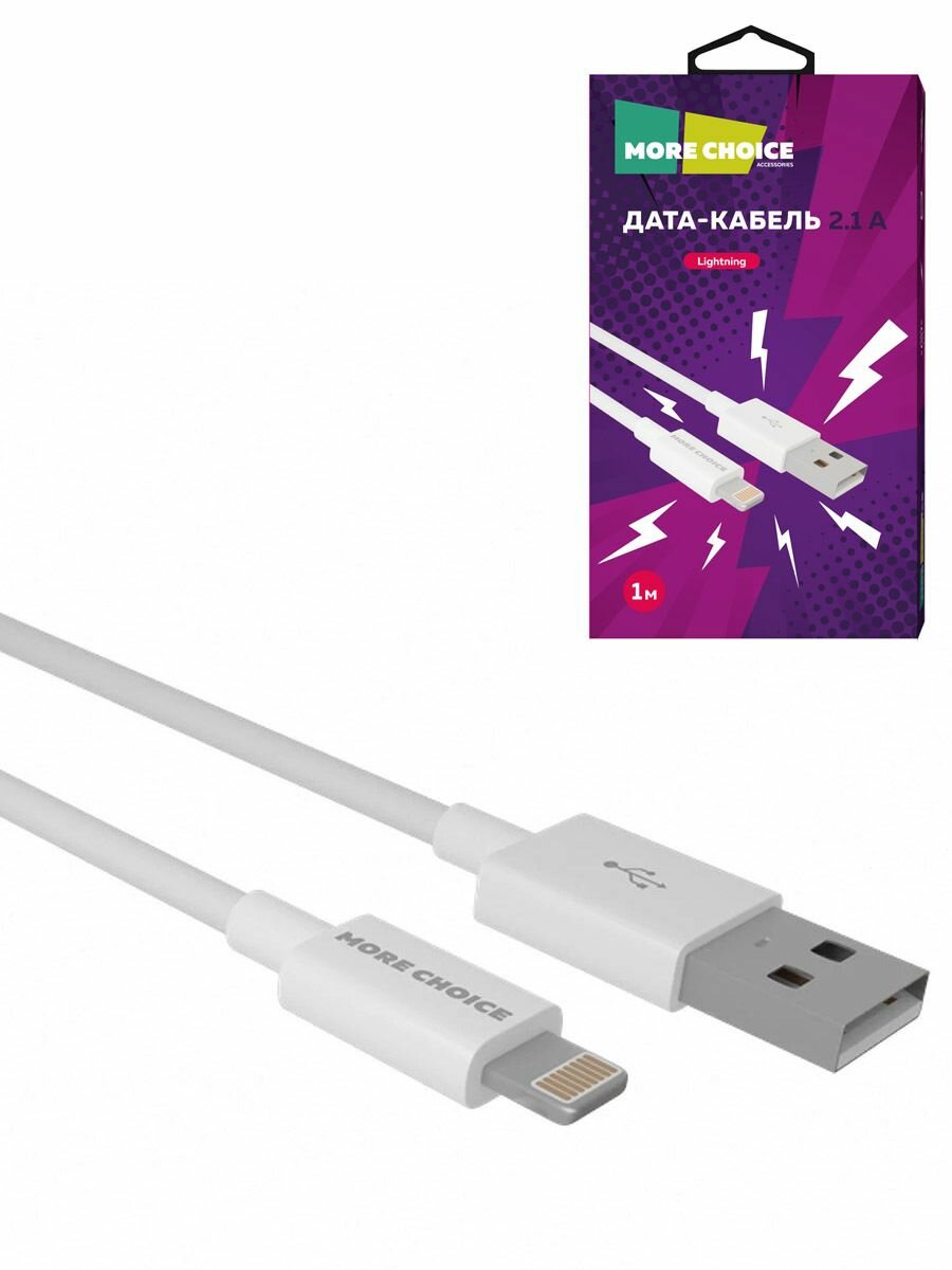 Кабель-дата More choice USB 2.1A, для Lightning, 8-pin, TPE, 1 м, белый (K24i)