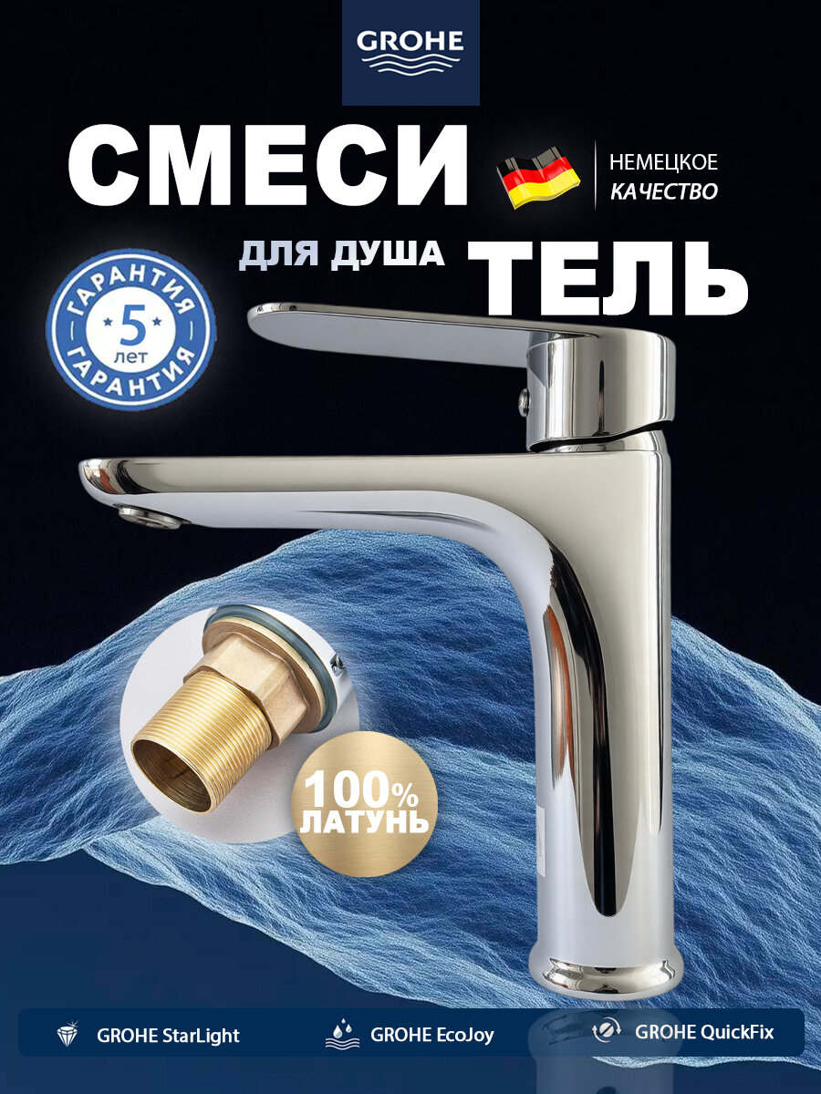 GROHE Смеситель для накладной раковины в ванную кран латунь, хром