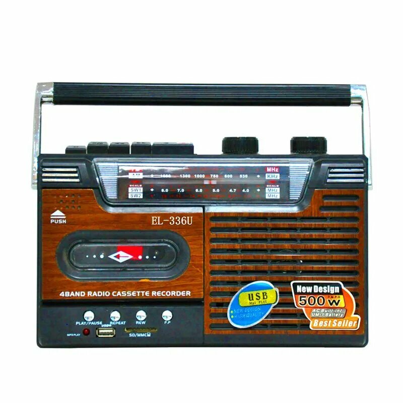 Кассетный плеер EL-336U, коричневый, 4-band, FM/AM/SW, USB, воспроизведение кассет, радио