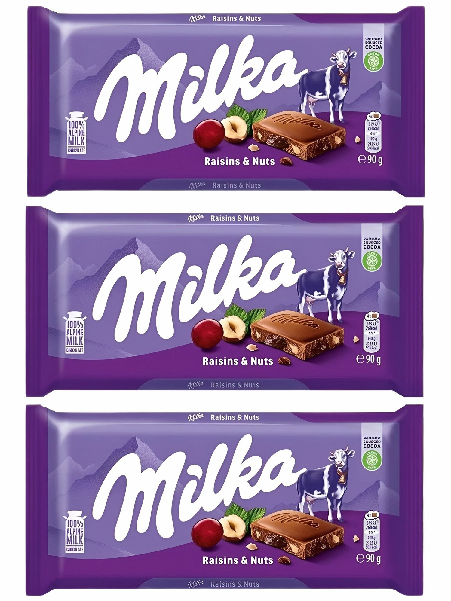 Шоколадная плитка Milka Raisins & Nuts из молочного шоколада с изюмом и фундуком, 3 шт. по 90 гр. (Швейцария)
