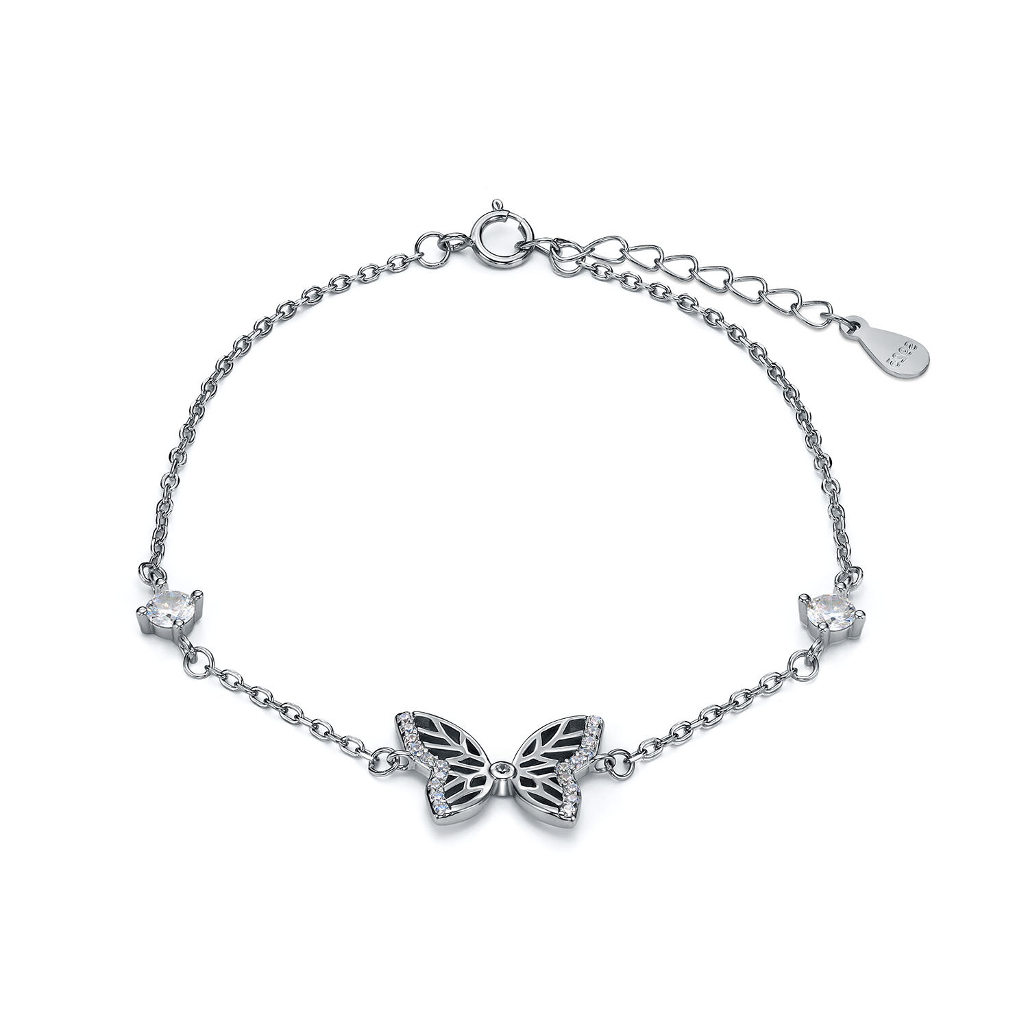 Браслет-цепочка, серебро, 925 проба, родирование, фианит