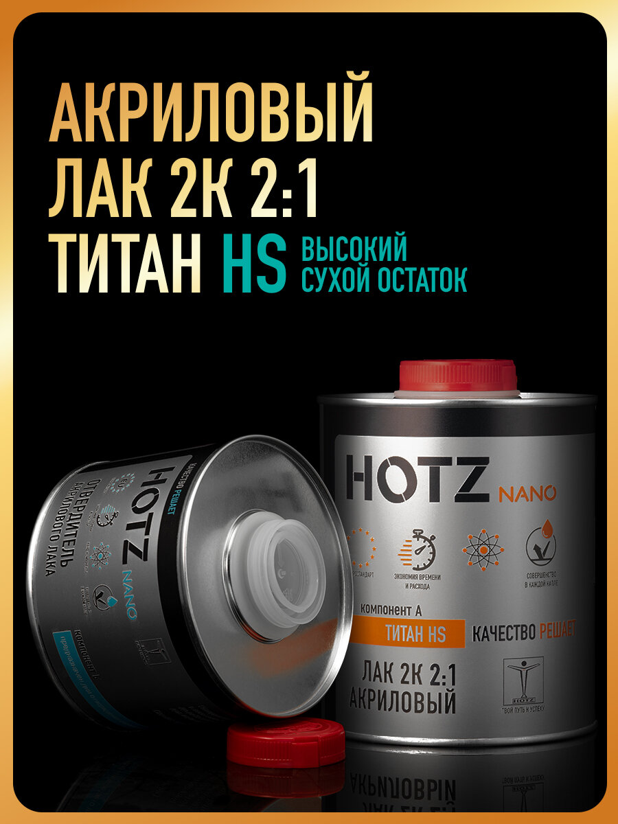 Лак автомобильный акриловый 2К HS титан, глянцевый, премиальный, двухкомпонентный HOTZ Комплект (лак: 1 л + отвердитель: 0,5 л)