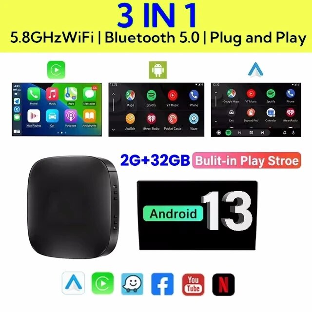 Беспроводной адаптер Carplay AI Box на базе Android 13, поддерживает Android Auto, совместим с Netflix, YouTube и другими моделями автомобилей, поддерживает Volkswagen, Toyota, Mazda, Hyundai, Haval, GMC, Ford и Chevrolet.