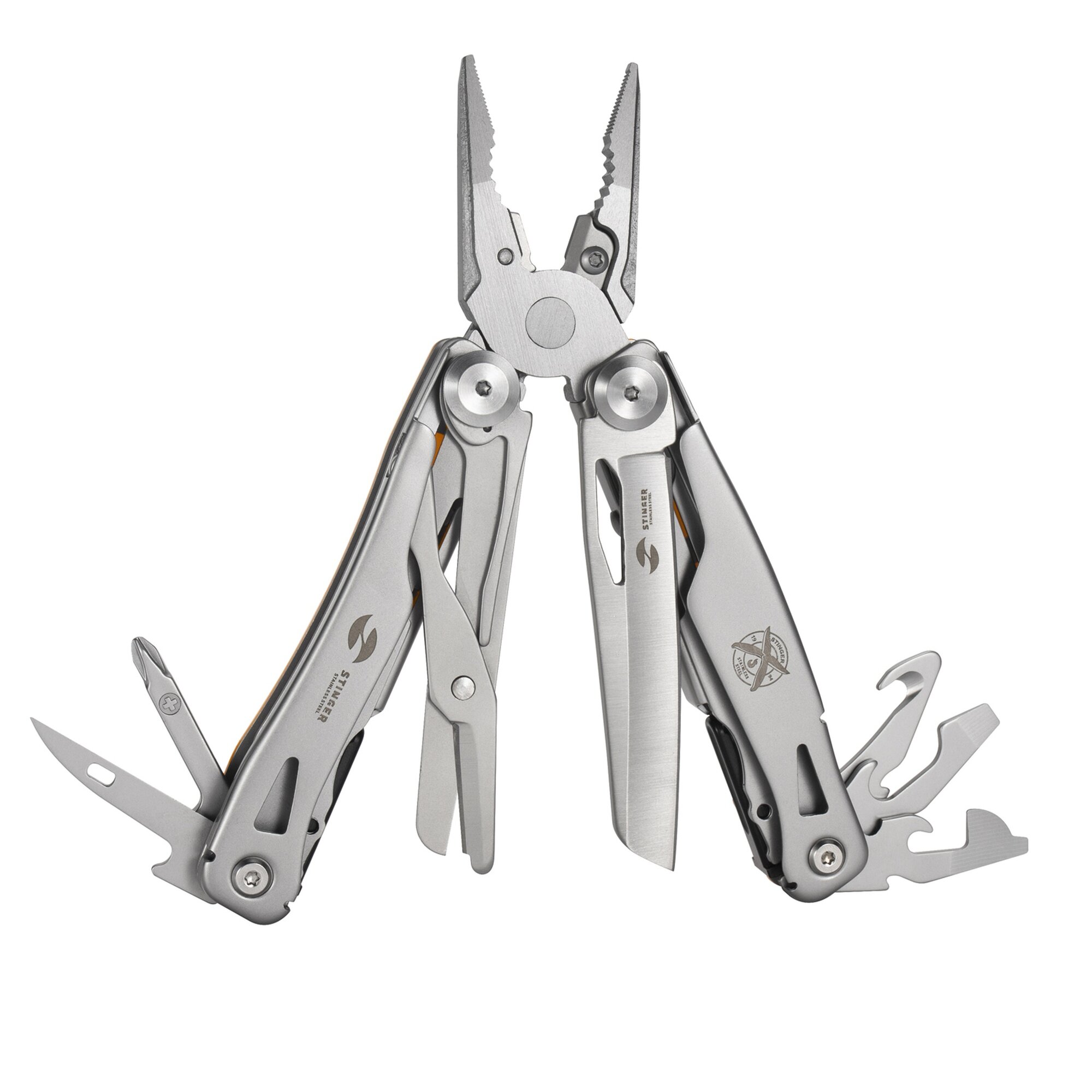 Мультитул Stinger, 106 мм, 15 функций, сталь/АБС-пластик, оранжевый, в комплекте нейлоновый чехол, MT-GHK8P