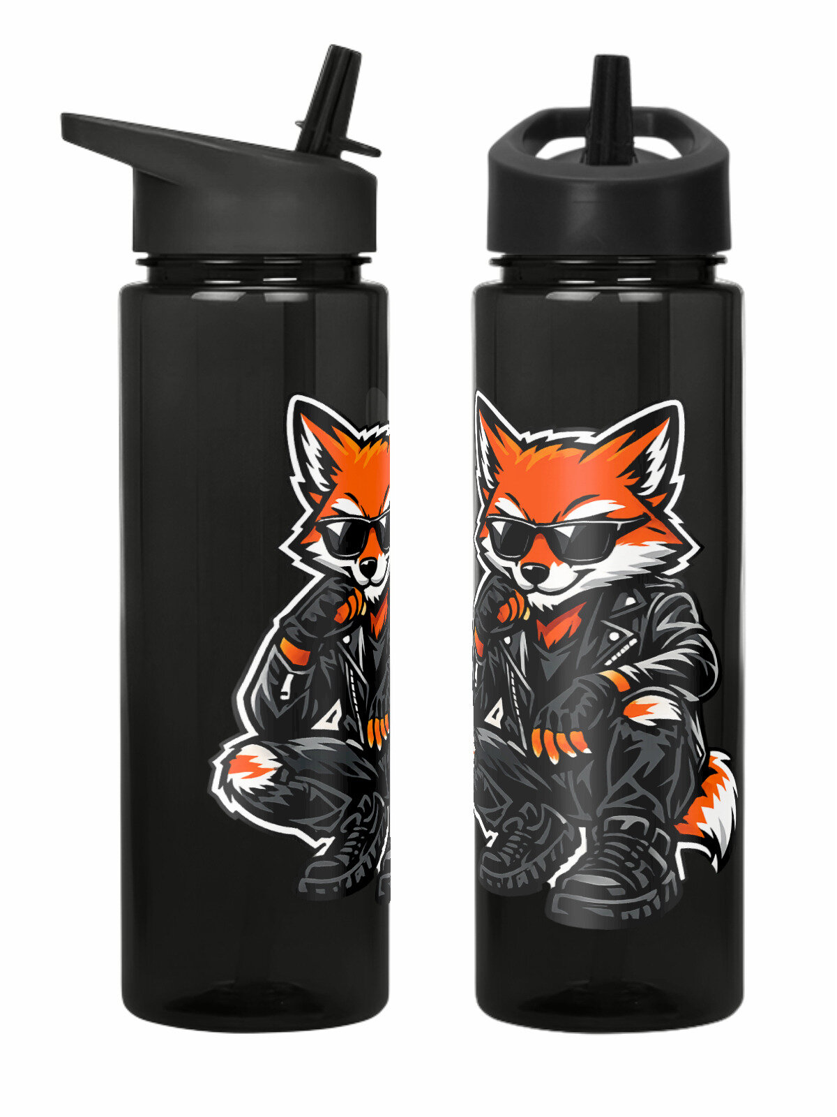 Бутылка черная для воды с принтом Лисий стиль