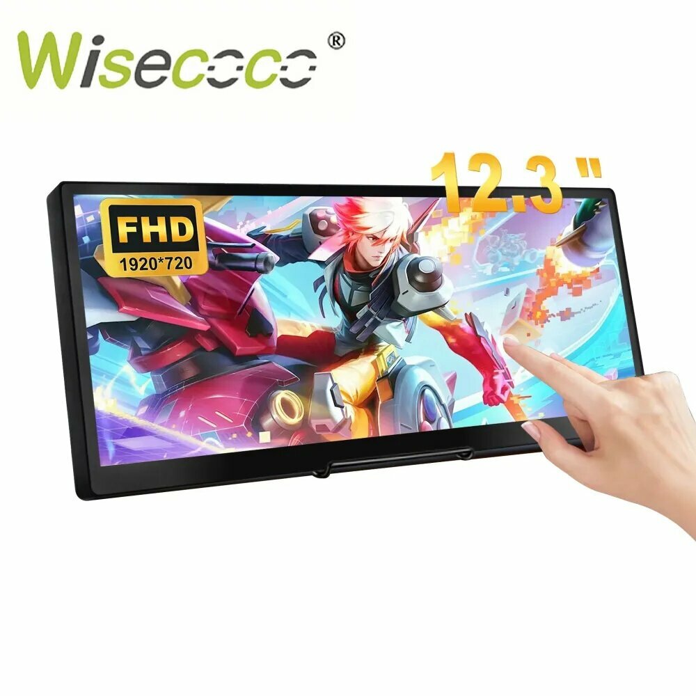 Wisecoco Пиксельный экран 12,3" сенсорный портативный монитор HDMI USB-C 1920x720, LCD мини вторичный дисплей для ПК ноутбук Raspberry Pi, черный матовый