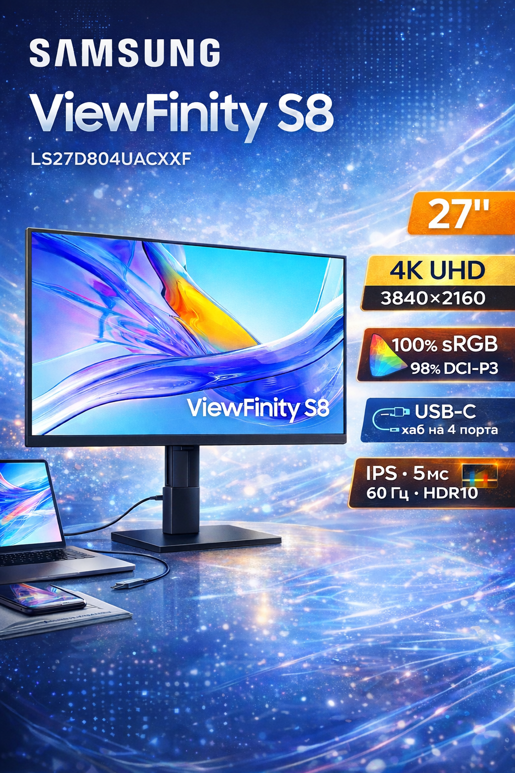 Монитор Samsung ViewFinity S8 LS27D804 27" 4K UHD IPS, USB-C 90W + LAN, KVM, HDR10, HAS Pivot,