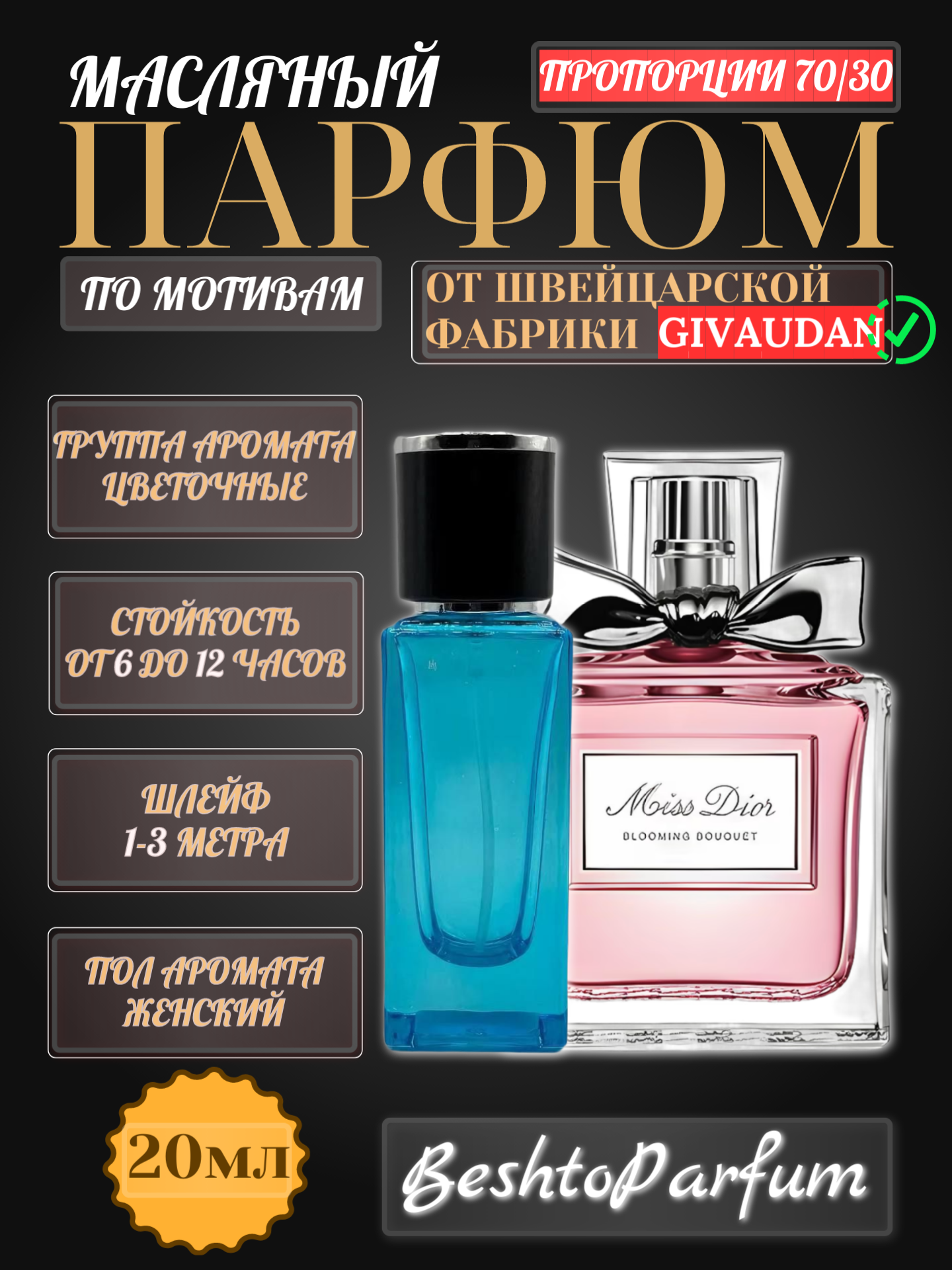 Масляные духи по мотивам Christian Dior Miss Dior Blooming Bouquet — стойкий нежный цветочный аромат / 20мл