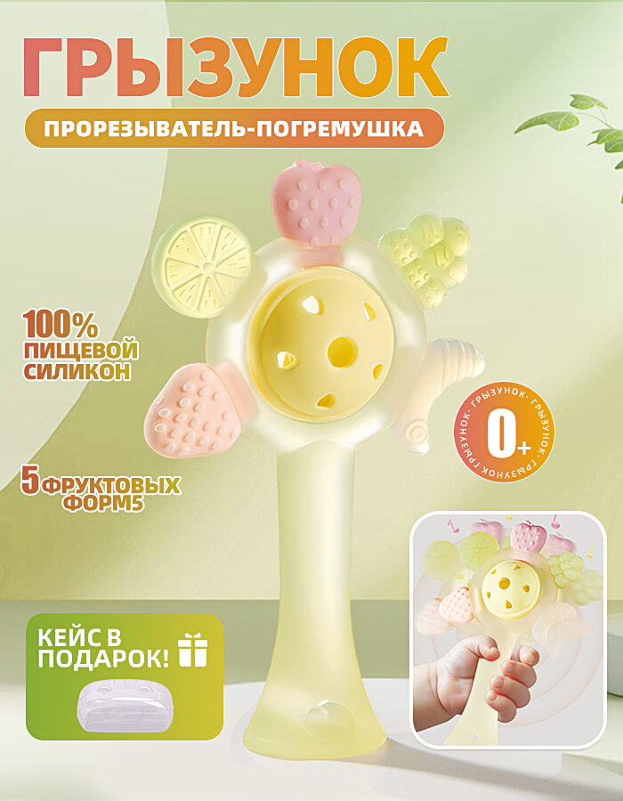 Грызунок-погремушка из пищевого силикона, 5 фруктовых форм, с кейсом, для детей от 0 месяцев