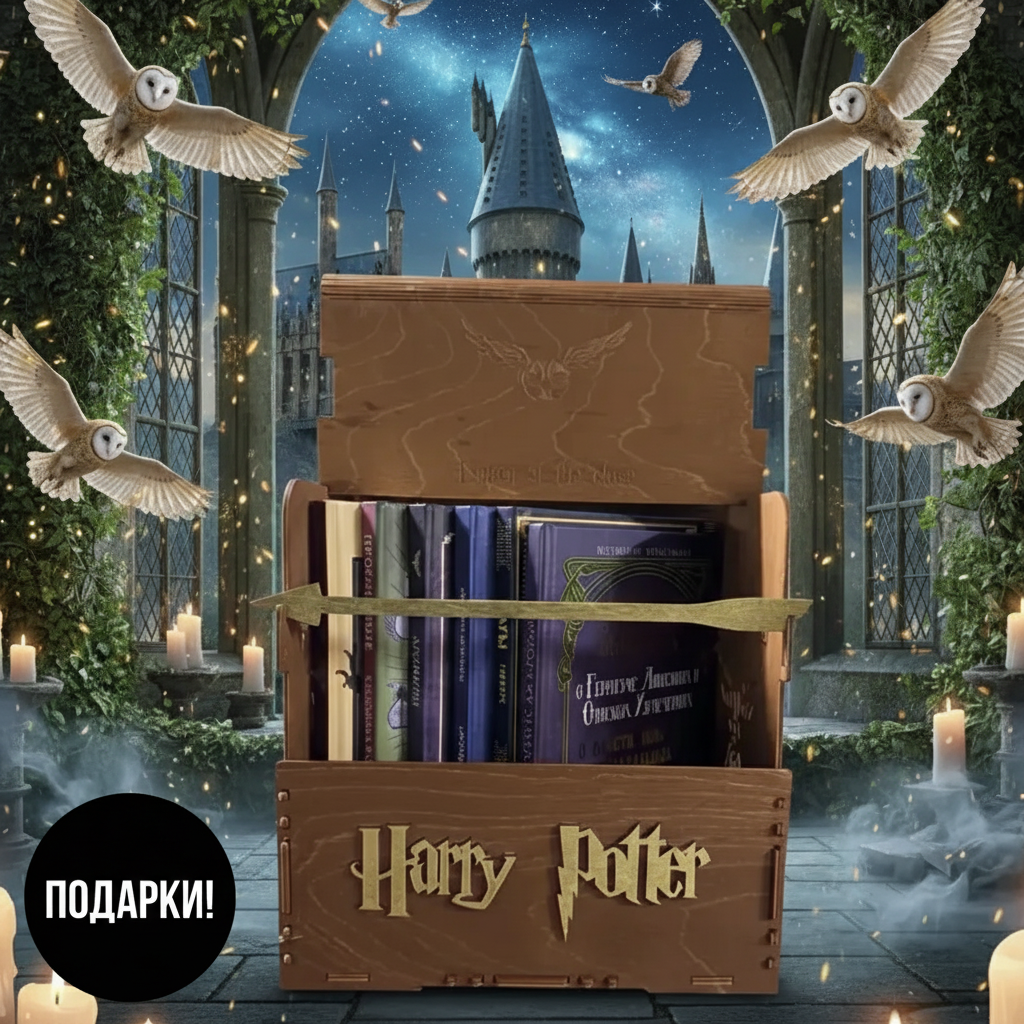 Подарочный комплект Гарри Поттера: книги Хогвартса и Рассказы из Хогвартса: 3 книги в 1 в деревянном сундуке + сюрпризы