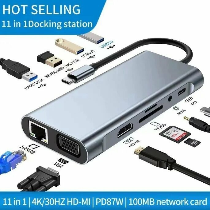 USB разветвитель 11 в 1 USB HUB Type C док станция Usb 3.0 хаб 3 0 переходник концентратор адаптер thunderbolt 4k Hdmi RJ45 TF SD картридер для ноутбука для макбука USB-2.0 Type-c vga pd aux