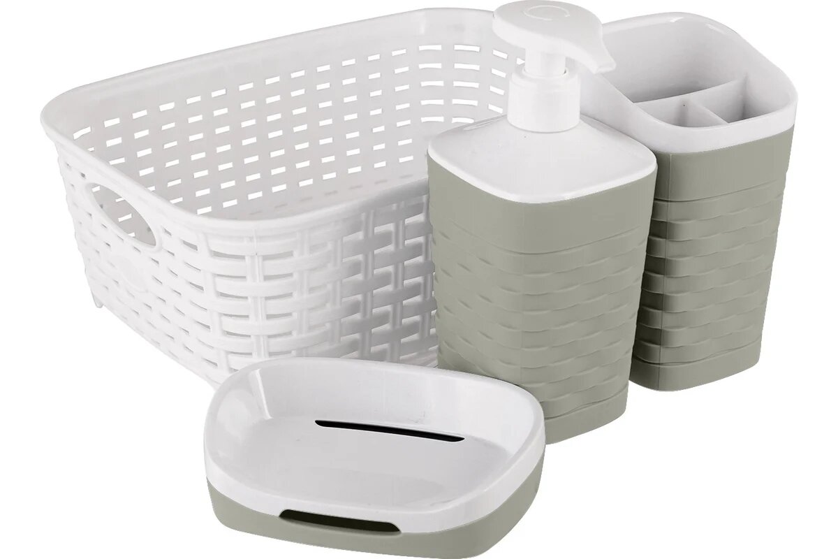 Набор для ванной POLYMERBYT Reef 4 предмета серо‑зеленый из пластика – мыльница с наклоном, диспенсер до 350 мл, стакан для зубных щеток и ершик.