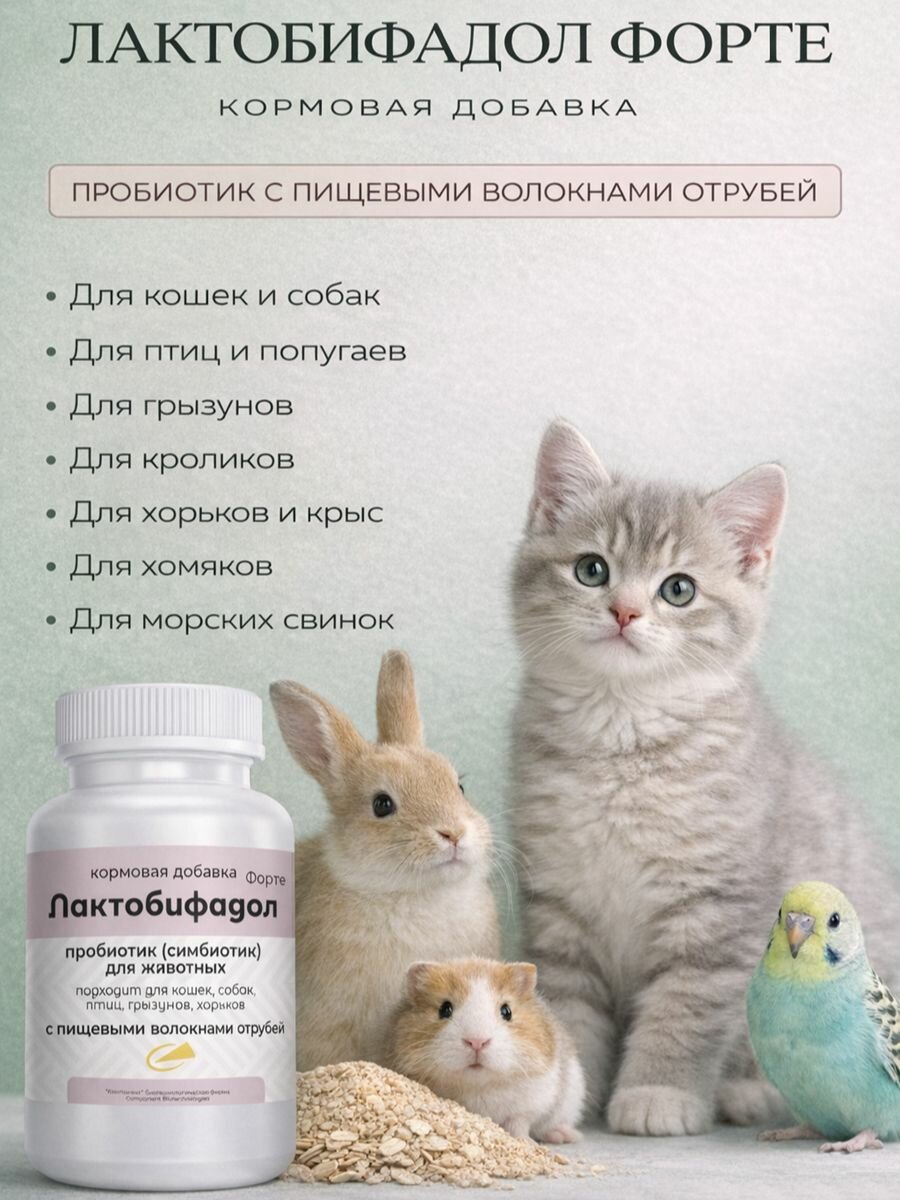 Лактобифадол Форте с пищевыми волокнами отрубей, Кормовая добавка Пробиотик для домашних животных