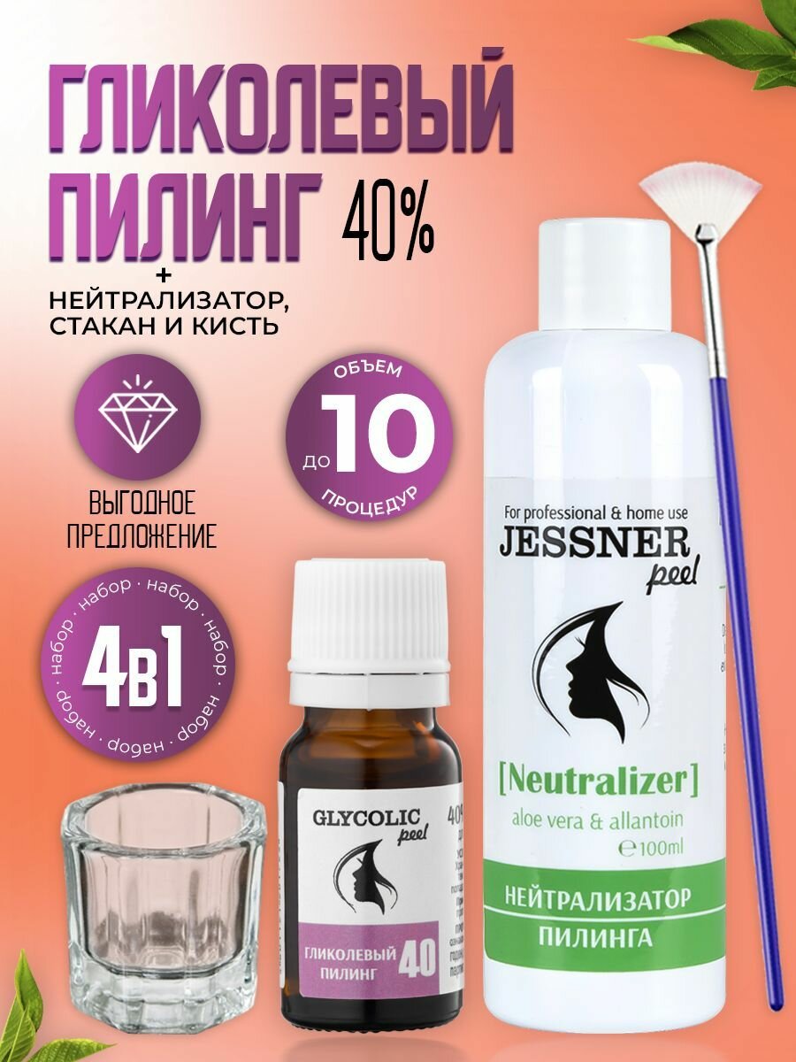 Trend Cosmetics Набор для пилинга "4в1" Гликолевый пилинг 40%, нейтрализатор, кисть, стаканчик