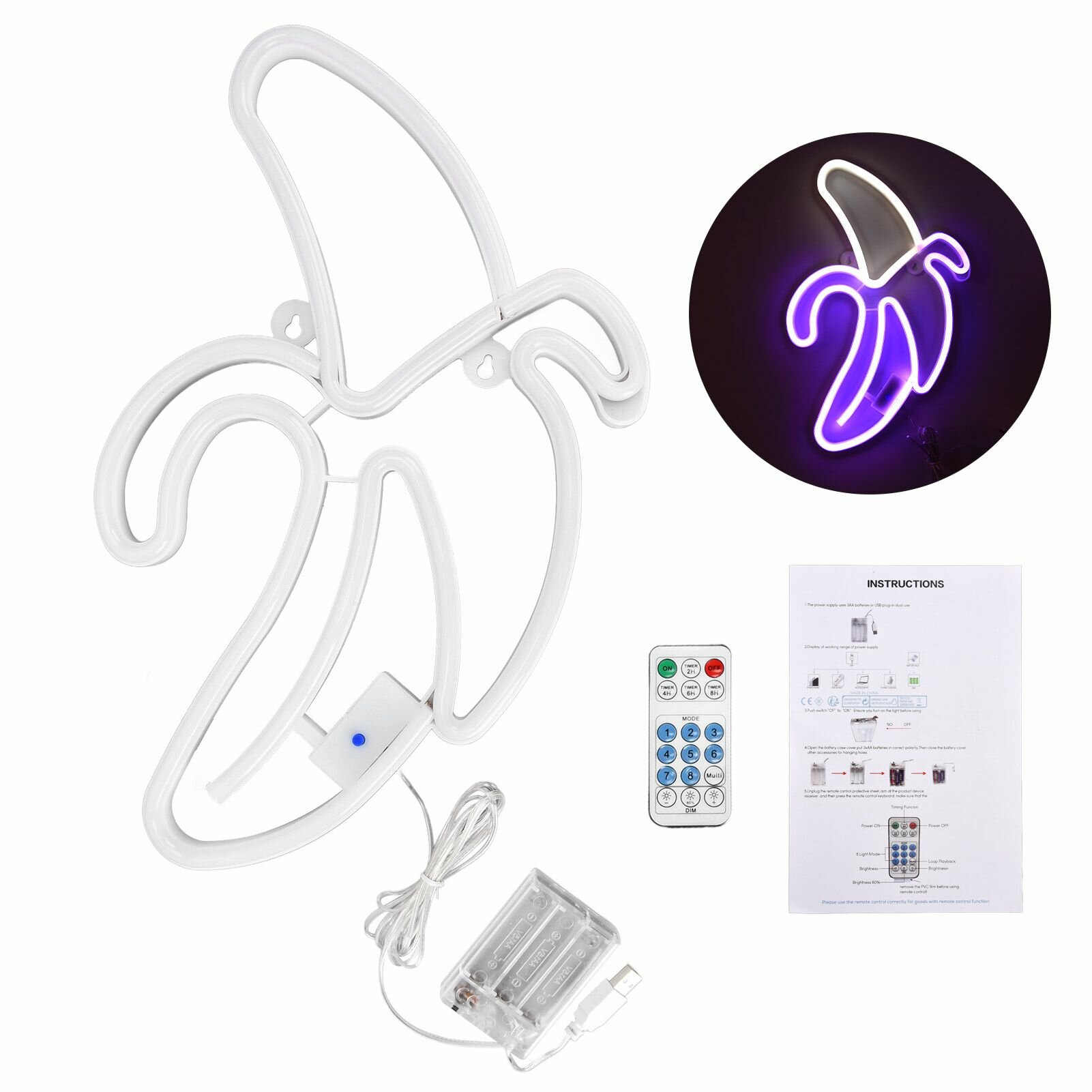 Банановый неон, 8 режимов, 18 кнопок ДУ, украшение дома белый светло-фиолетовый