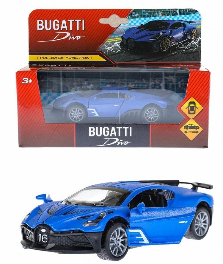 Машинка Huada Toys модель инерционная Спорткар Bugatti Dwo 12 см, металл, открываются двери, синий, в коробке, ST0038221K-W-R