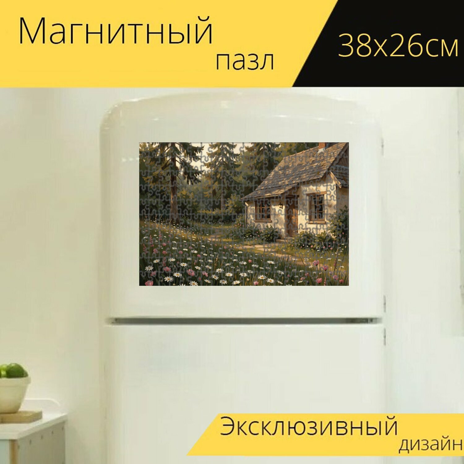 Магнитный пазл "Домик в лесу с цветами. Уютный сельский домик среди высоких елей и соснового леса, вокруг луг с ромашками и розовыми цветами. Теплые." для интерьера, 38х26 см.