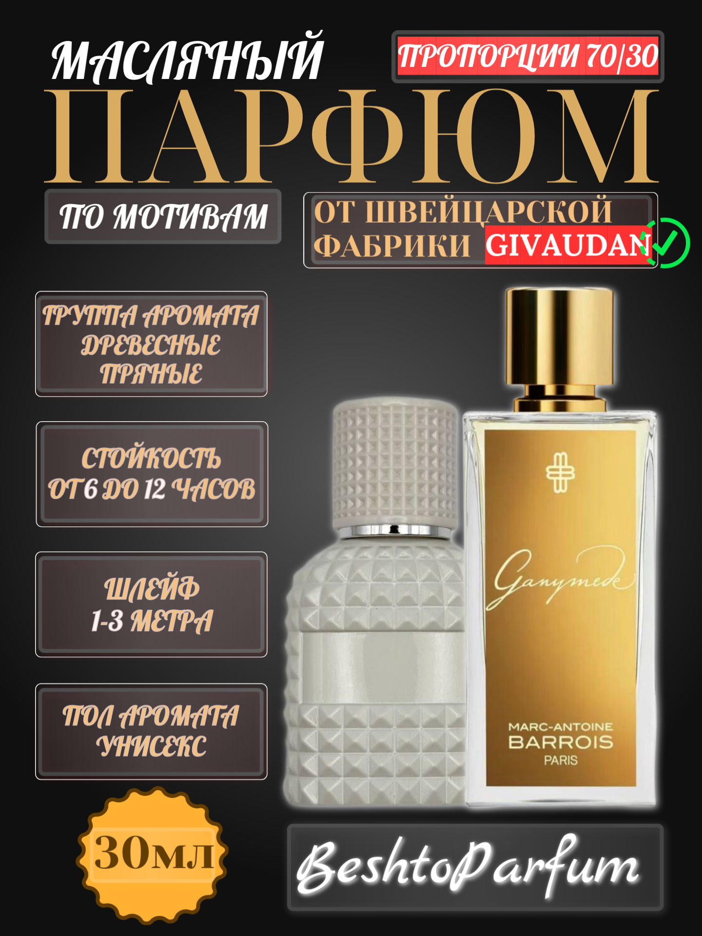 Масляные духи по мотивам Marc-Antoine Barrois Ganymede — стойкий свежий кожано-древесный аромат унисекс / 30мл