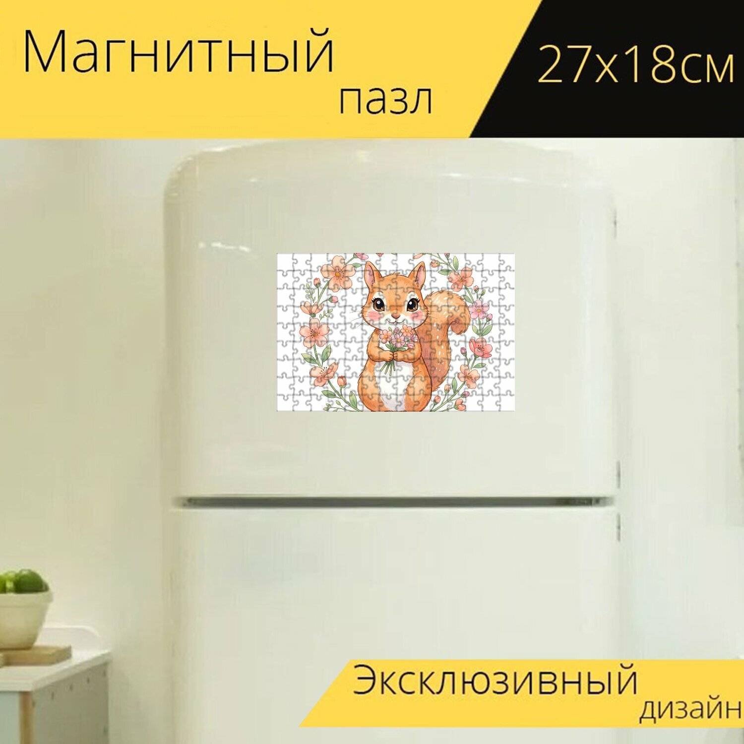 Магнитный пазл "Белочка с цветами в венке. Милый мультяшный зверёк с большими глазами держит нежный букет, вокруг — цветочный орнамент из розовых и." на холодильник 27 x 18 см.