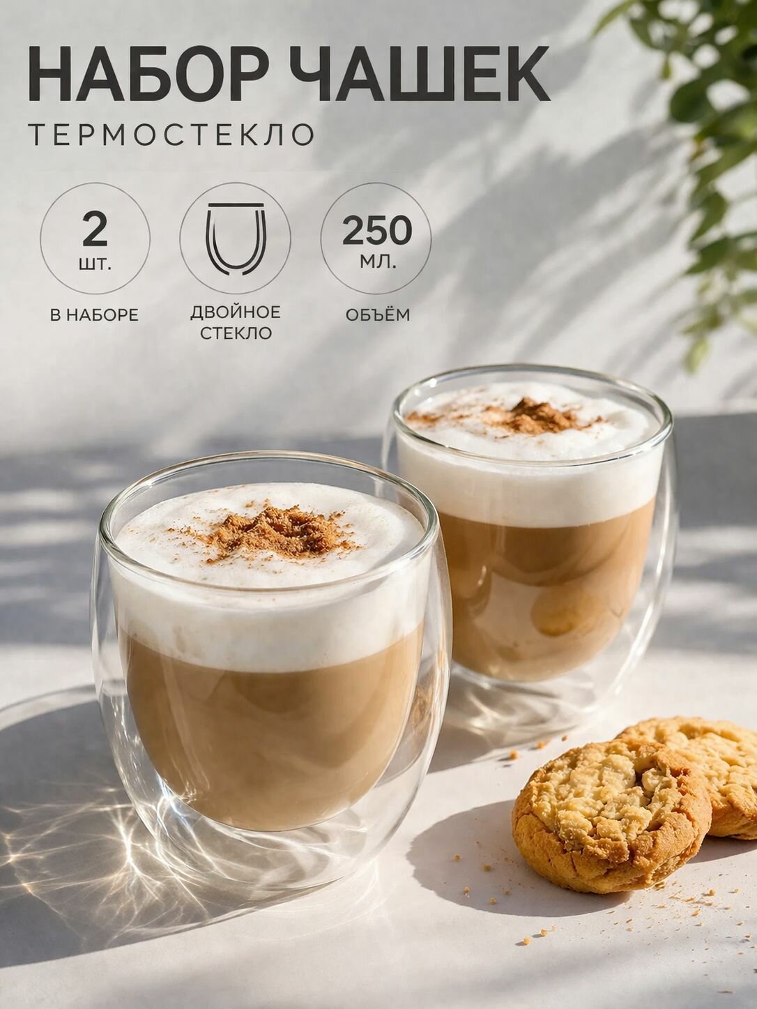 Набор чашек без ручки, кружки 250 мл. с двойными стенками, термостекло, жаропрочное стекло.