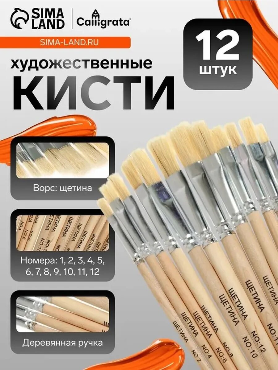Набор художественных кистей из щетины, 12 шт.