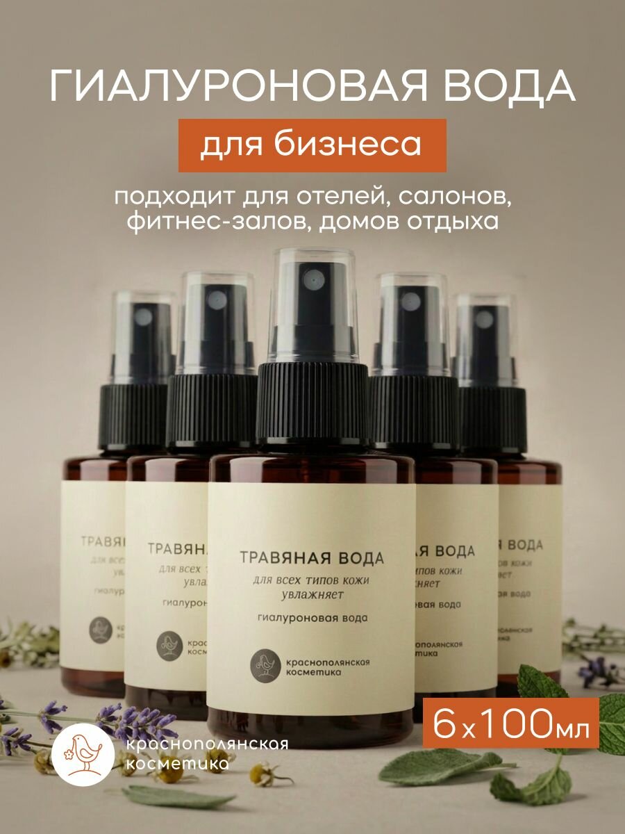 Краснополянская косметика Набор Спрей для тела, лица и волос, гиалуроновая вода для лица "Травяная" для всех типов кожи, гидролат, для бизнеса, 100 мл, 6 шт. HoReCa