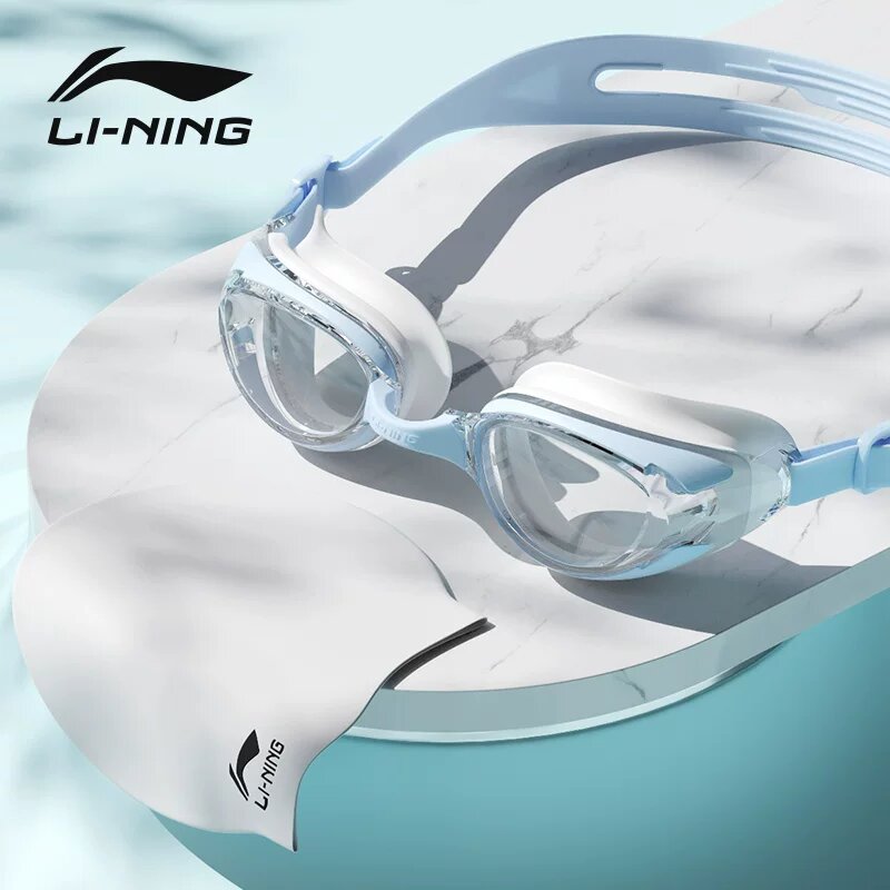 Li-Ning Анти-туман Фог Блю Плавательные Очки и Шапочка Комплект для Плавания