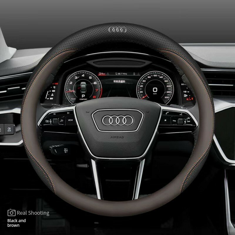 Накладка на руль Audi - круглый стиль, черно-коричневый цвет, металлический логотип Audi, премиальная кожа