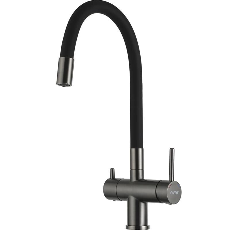 Смеситель для кухонной мойки Gappo G98-39 G4JU39QM8-QI39CF с фильтром питьевой воды и гибким изливом, оружейная сталь, черный