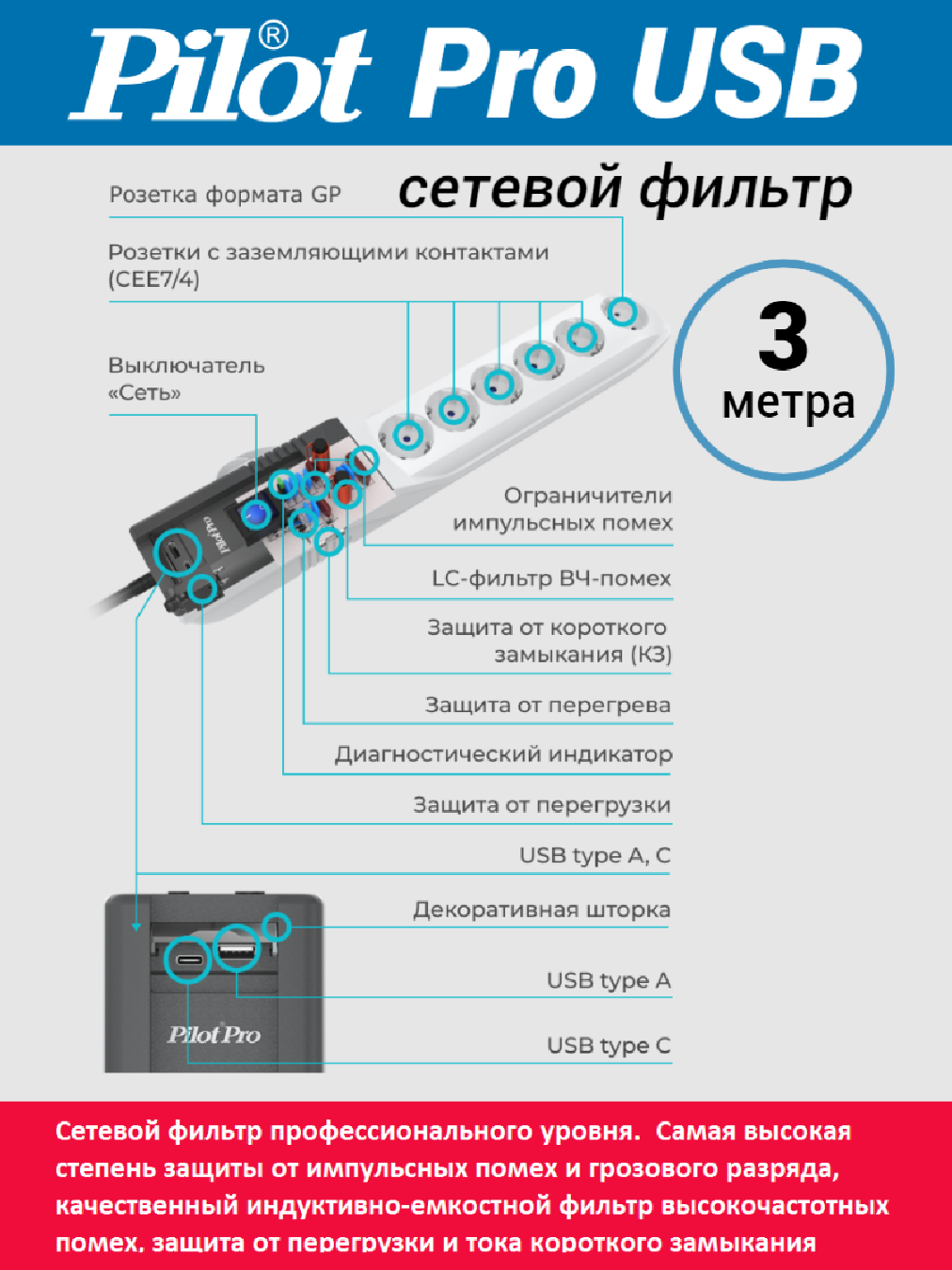Сетевой фильтр Pilot Pro USB 3 метра, 6 розеток (5 евро + 1 GP ), USB 3A type A / C, защитные шторки, белый (182)