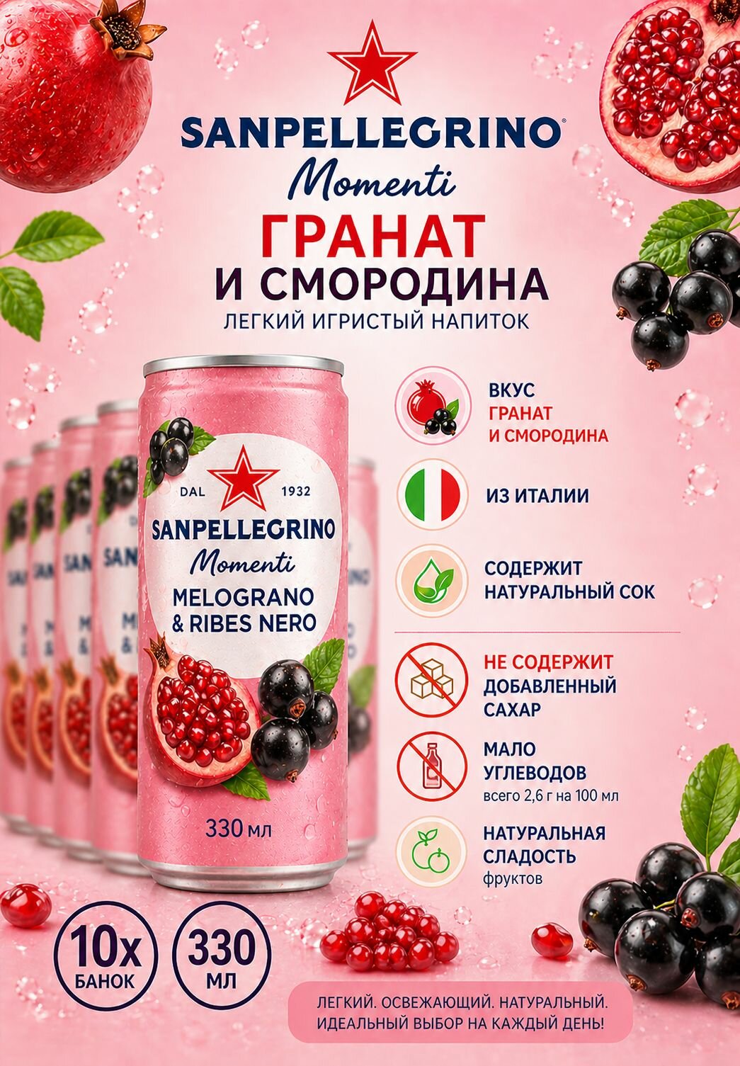 Газированный напиток Sanpellegrino Momenti Санпеллегрино Гранат и Смородина, 10 шт * 330 мл, Италия