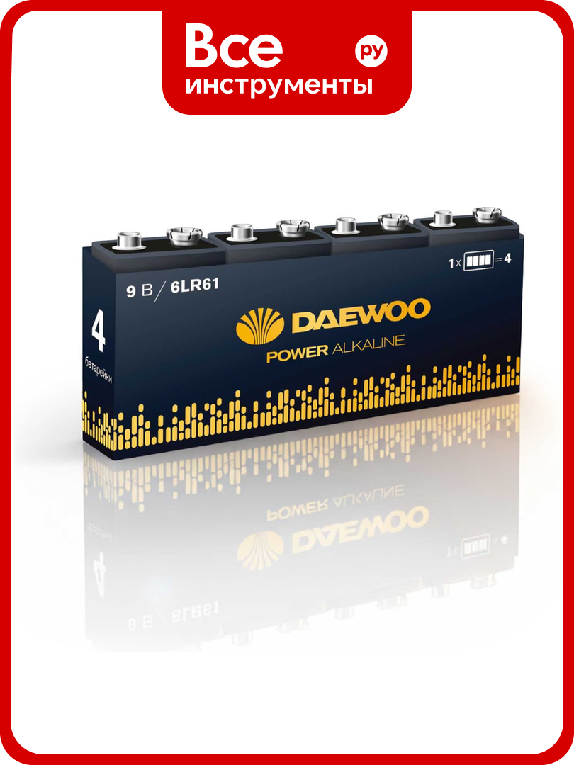 Батарейка Элемент питания алкалиновый DAEWOO 6LR61 Крона 9V 1.5В Power Alkaline Pack-4 (упаковка 4шт) 5046559