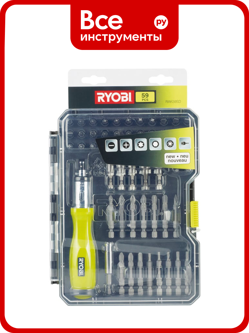 Отвертка с набором бит и торцевых головок 59шт Ryobi RAK59SD 5132002251