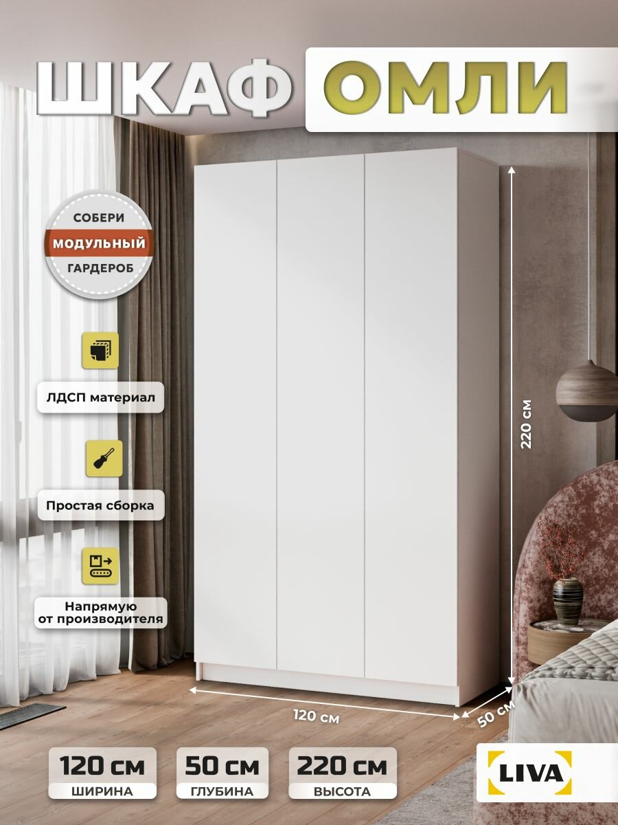 Шкаф для одежды распашной с полками и штангами Омли, 120x50x220, LIVA