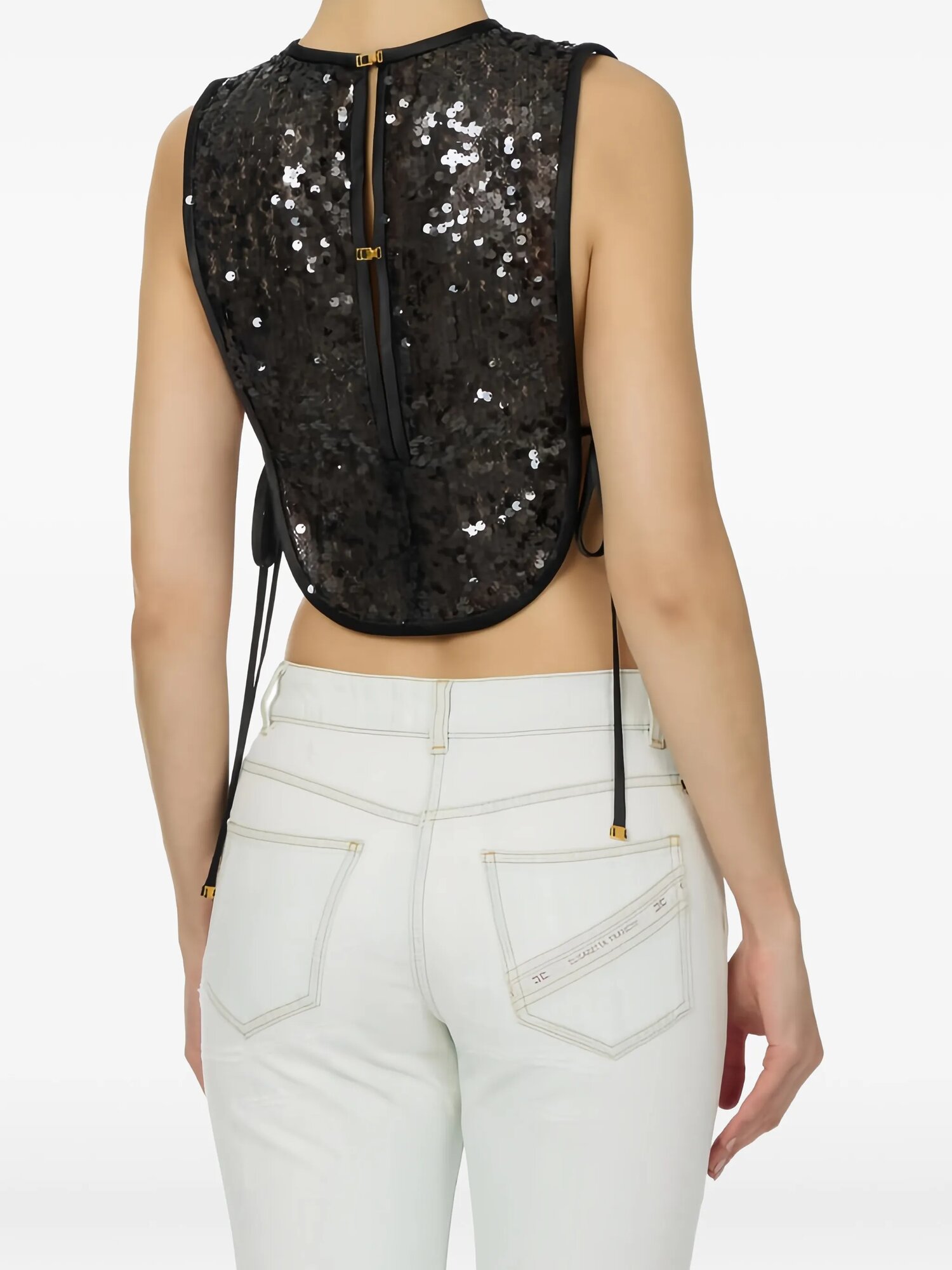 Топ Elisabetta Franchi Sequin-embellished tulle top, размер 40, black/black — фото 1