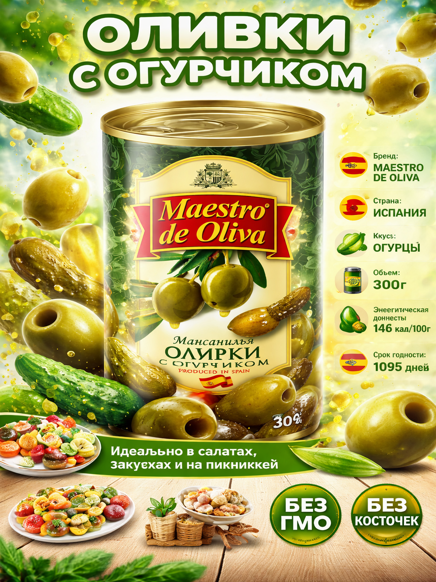 Оливки Maestro de oliva с огурчиком, 300г